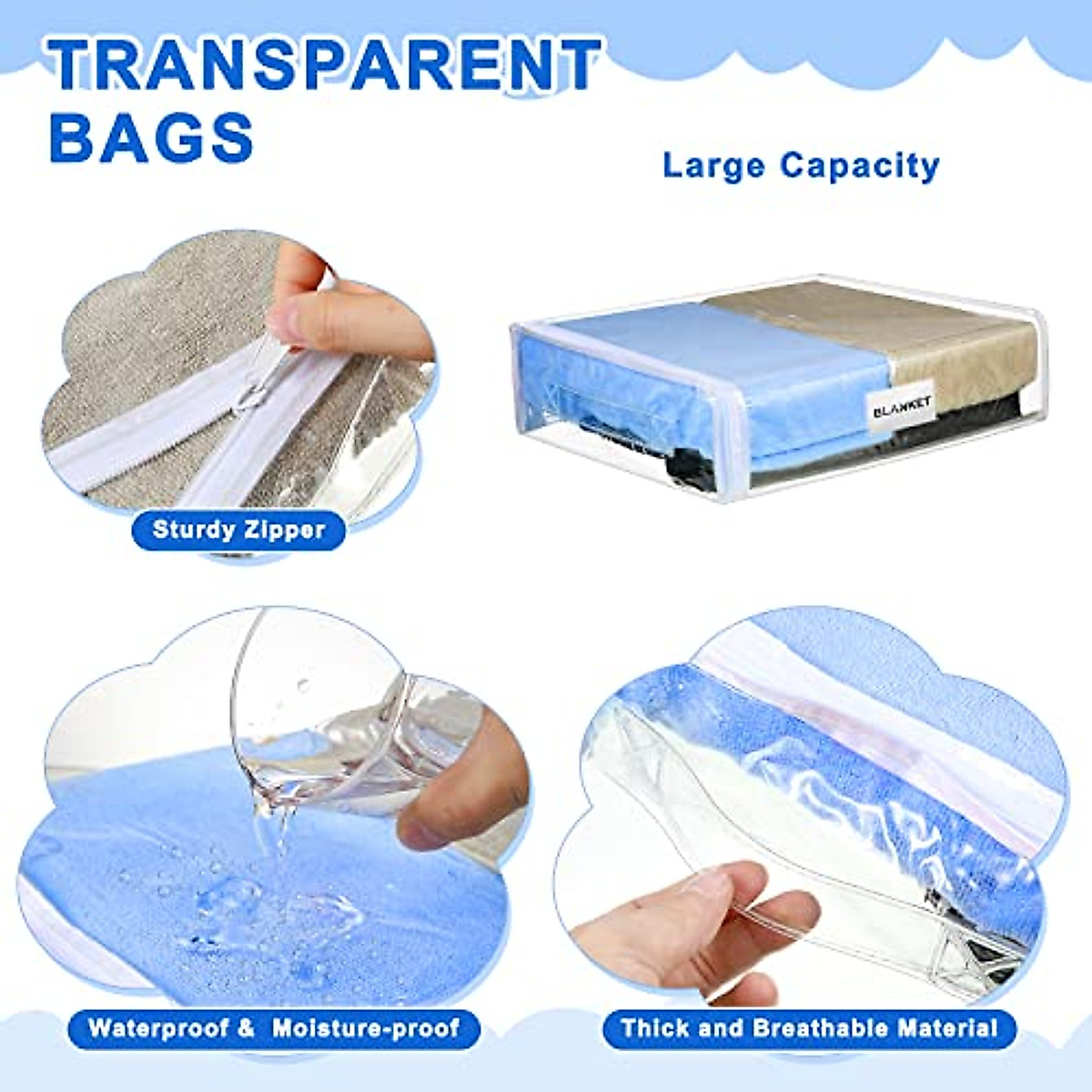 Set of 20 Clear Zippered Storage Bags Sheet Bags for Storage Sweater Storage Bags Zippered Cloth Bag with Handle Pocket for Bed Sheet Sweaters Blankets Throws Pillows Crafts, 11 x 15 x 4 Inch
