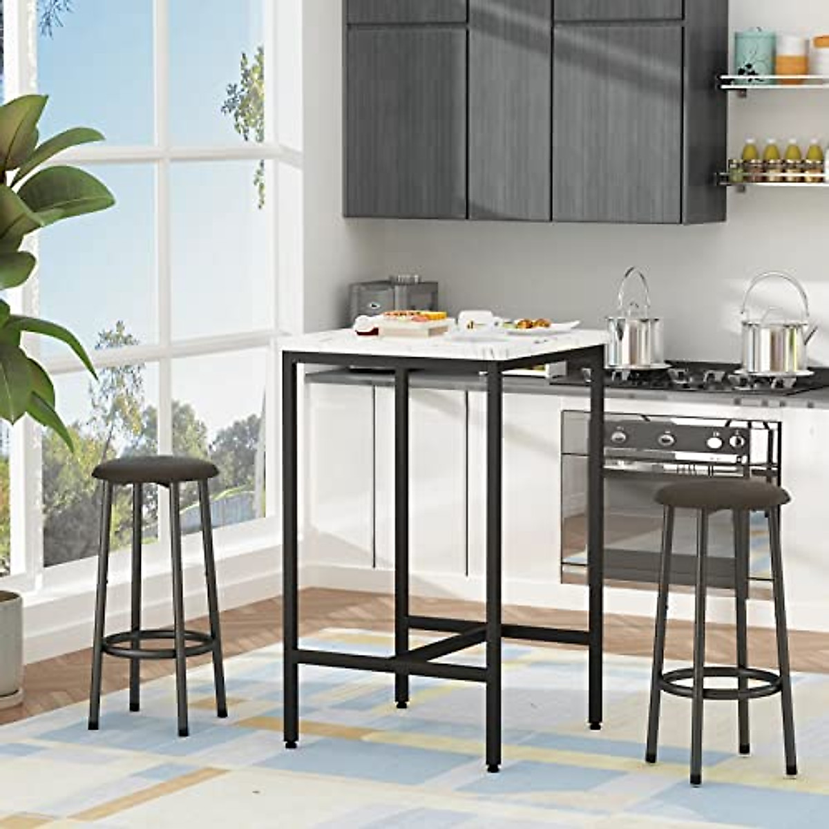 LinkRomat Pub Table Set of 3, Small Dining Table for 2, Bistro Table and Chairs, Bar Height Table w/2 Stools Counter Height Table Kitchen Bar Small Kitchen Table for Breakfast Nook Small Space