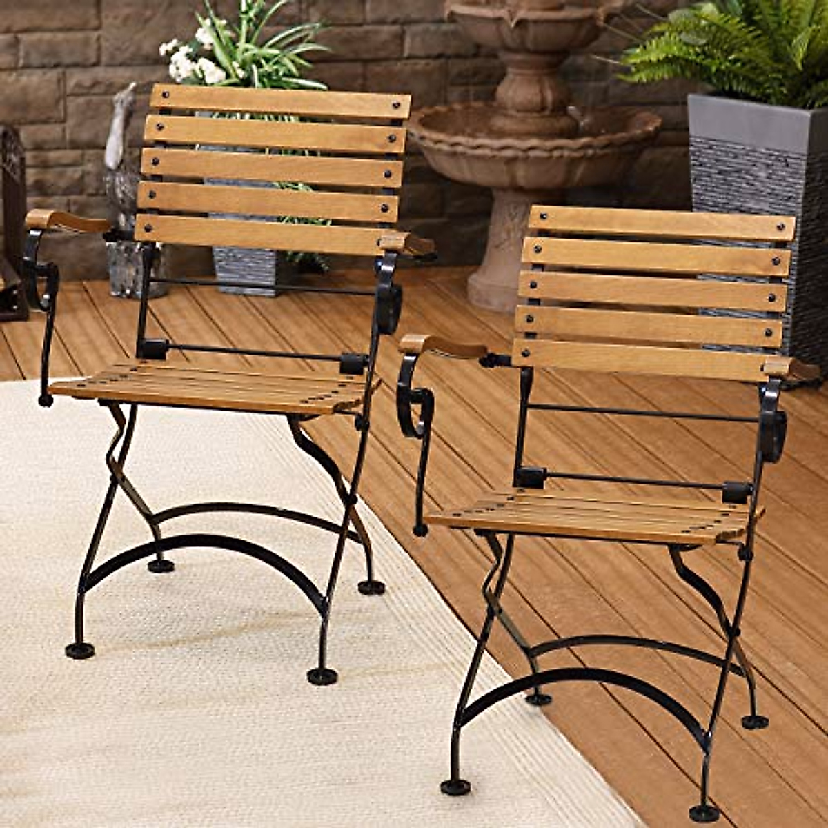 Sunnydaze Deluxe European Chestnut Wooden Folding Small Bistro Dining Armchair - Portable, Compact Side Chair - for Indoor or Outdoor Use - Patio, Deck, Balcony, Camping and Spare Seating - Set of 2