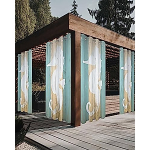 Outdoor Curtains for Patio Seahorse Under Water Sealife on Rustic Old Barn Wood Waterproof Outdoor Curtains 108 inches Long Gazebo Curtains Outdoor Waterproof Outside Drapes for Porch, Gazebo, Deck