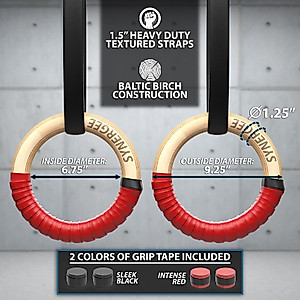 Synergee Wood Olympic Gymnastics Rings 1.25" Grip with Adjustable Straps for Pull Ups Dips and Muscle Ups. Red and Black Grip Tape Included.