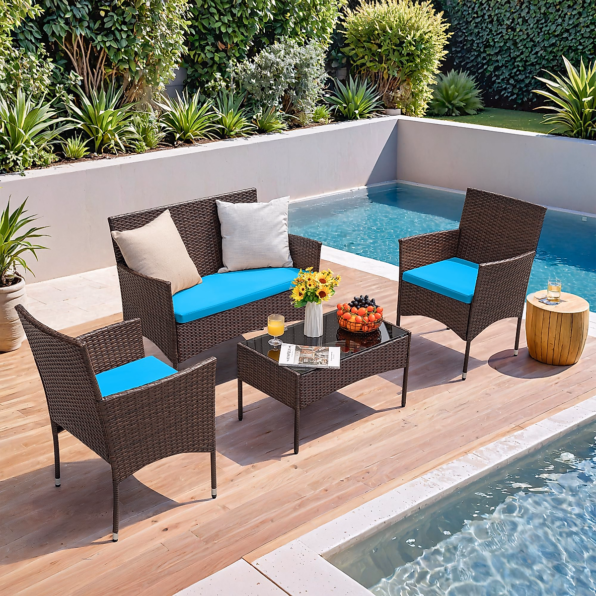 Homall 4 Pieces Patio Rattan Chair Wicker, Outdoor Indoor Use Backyard Porch Garden Poolside Balcony Furniture Sets (Blue)