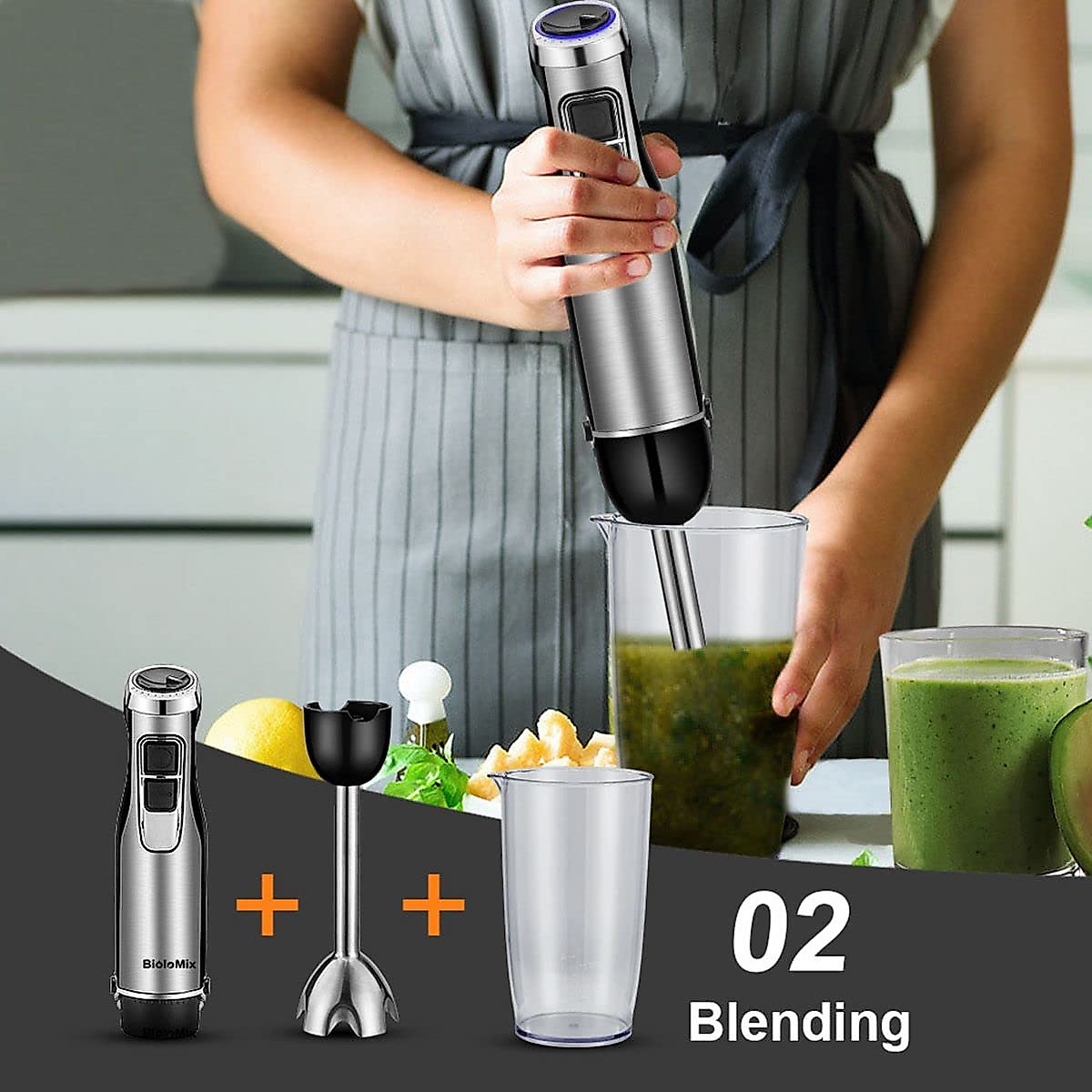 Immersion Hand Blender Multi-Purpose 220V 4 IN 1 Blender Heavy Duty Copper Motor Stainless Steel Finish Includes Whisk Attachment, Chopper and Smoothies Cup (EU Plug)