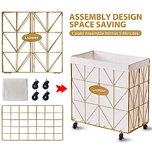 Mxfurhawa Laundry Hamper, Collapsible Laundry Basket Large Capacity 110L Metal Laundry Hamper with Removable Liner, Rolling Wheels and Collapsible Design for Clothes Storage and Organization (Gold)