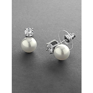 Mariell White Pearl Bridal Earrings with Cubic Zirconia Crystal Top, 9mm White Pearl Stud Earring, Perfect for Brides, Bridesmaids, Wedding Party and Everyday Wear
