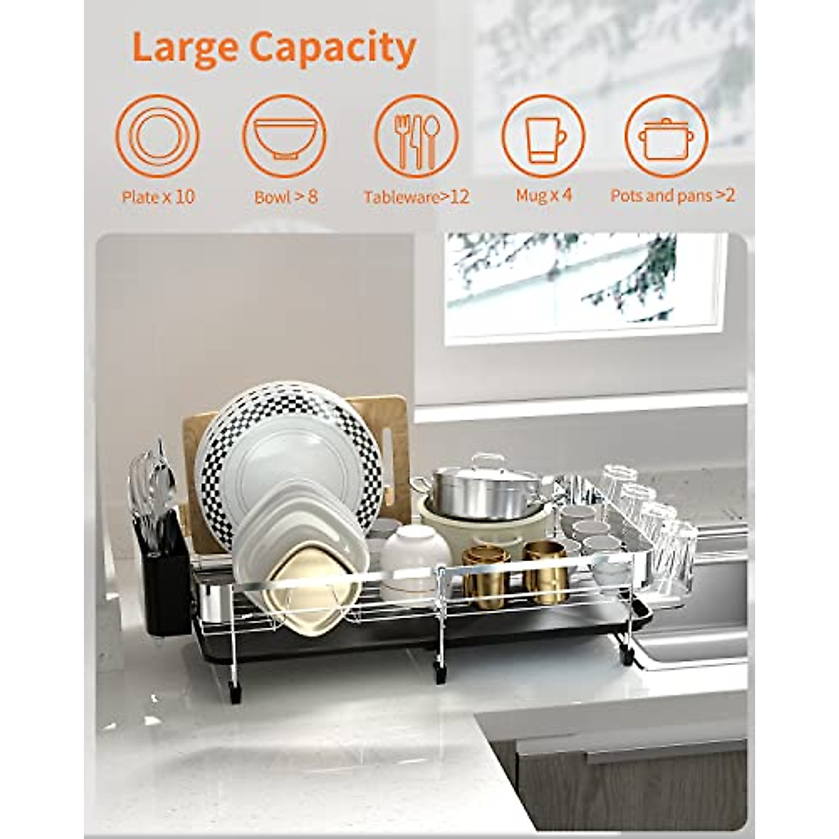 SuperOrganize Dish Drying Rack, Expandable (9.45"-12.6") Dish Rack with Drainboard, Dish Drainers for Kitchen Counter, Stainless Steel Kitchen Drying Rack with 360°Swivel Spout and Utensil Holder