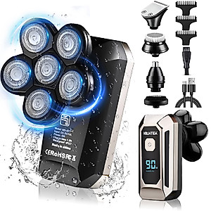 Head Shaver for Men, YBLNTEK 5-in-1 Electric Razor for Men Cordless LED Bald Head Shaver, IPX7 Waterproof 6D Rotary Shaver Grooming Kit with Nose Hair Trimmer, Valentine's Day Gift for Men, Husband