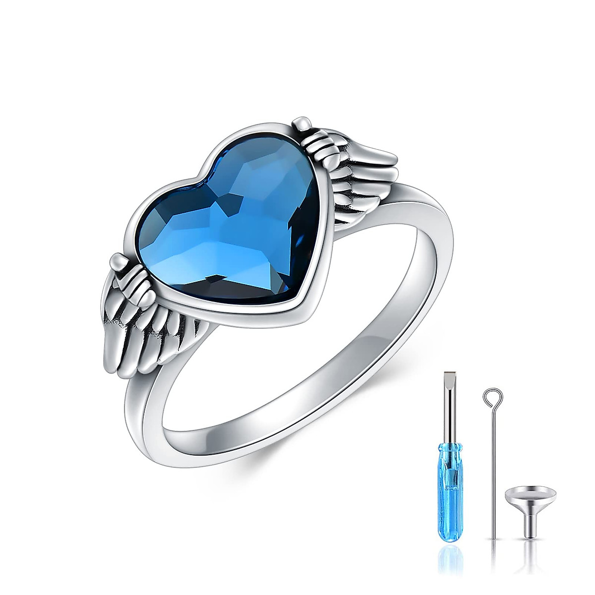 Urn Ring for Ashes Sterling Silver Hold You in My Heart Angel Wings with Heart Cremation Memorial Keepsake Jewelry with Blue Heart Crystal, US Size 7