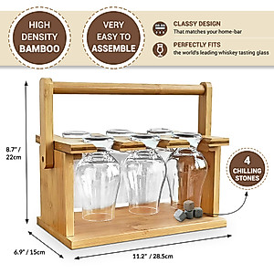 June Sizzle Whiskey Glass Holder Set and Drying Rack Gift - Whisky Glasses Cup Storage or Display Stand - Hardwood Bamboo Caddy Old Fashioned - Complete with 4 Chilling Stones
