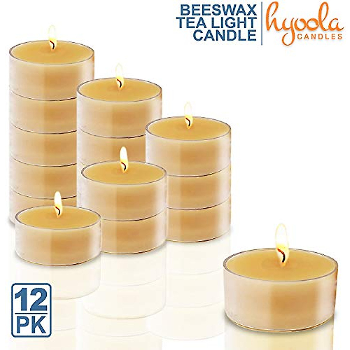 Pure Beeswax Tea Lights - 12 Pack - Handmade Decorative Unscented - Tealight Candles - 4 Hour Burn Time, Clear Cup
