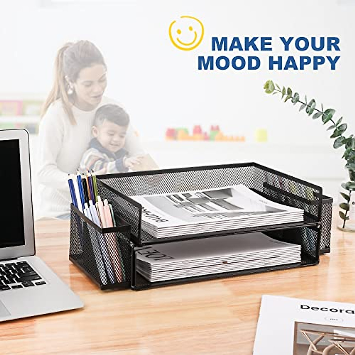 ProAid Paper Letter Tray Organizer with 2 Pen Holders, 2 Tier Stackable Desktop File Organizer, Mesh Office Supplies Desk Organizer, Black