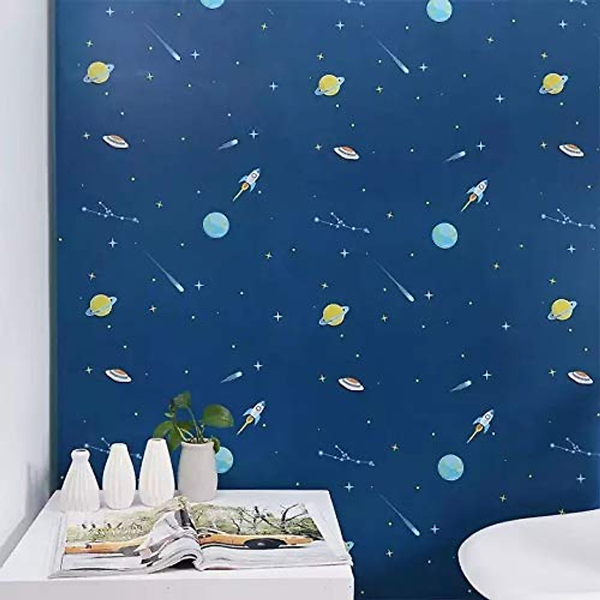 HOYOYO 17.8 x 78 Inches Self-Adhesive Shelf Liner, Shelf Liner Dresser Drawer Paper Wall Sticker Boy Room Decoration Blue Planet