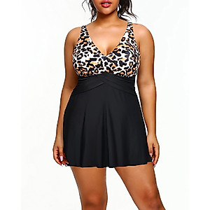 Holipick Plus Size Swim Dress Women - Leopard One Piece Swimsuit with Skirt V Neck Tummy Control Bathing Suit 22W