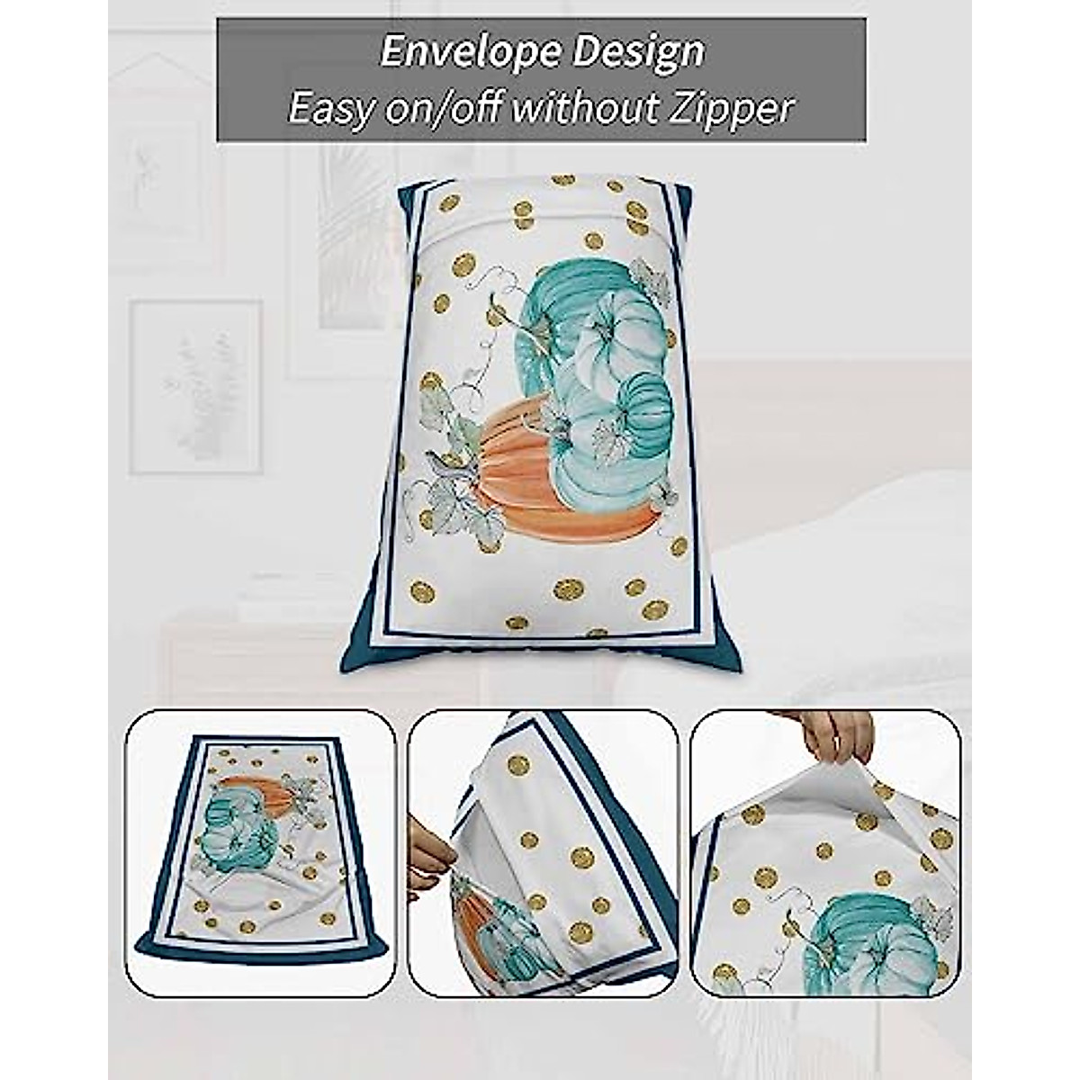 Thanksgiving Pillow Covers King Standard Set of 2 Bed Pillow, Fall Pumpkin Yellow Polka Dots Navy Blue Lace Plush Soft Comfort for Hair/ Skin Cooling Pillowcases with Envelop Closure 20''x36''