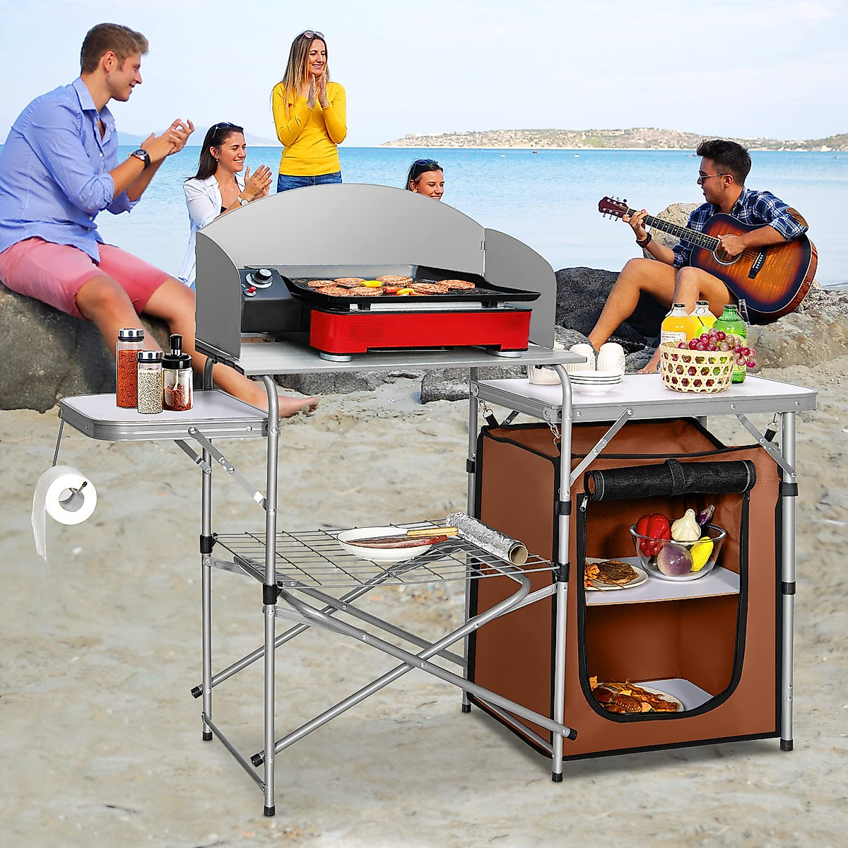 GYMAX Aluminum Portable Camping Kitchen, Folding Cooking Table with 26" Tabletop, Detachable Windscreen & Carrying Bag, Outdoor Grill Table for BBQ, Backyards