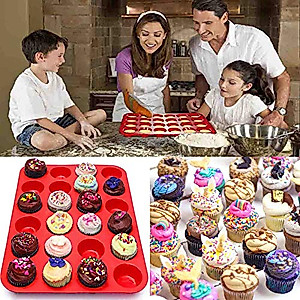 Muffin Pans Nonstick 12 Large and 24 Mini Cups Silicone with Cupcake Liners Brush Spatula Set Reusable Baking Molds for Toaster Oven (Red-12 Cups+24 Cups)