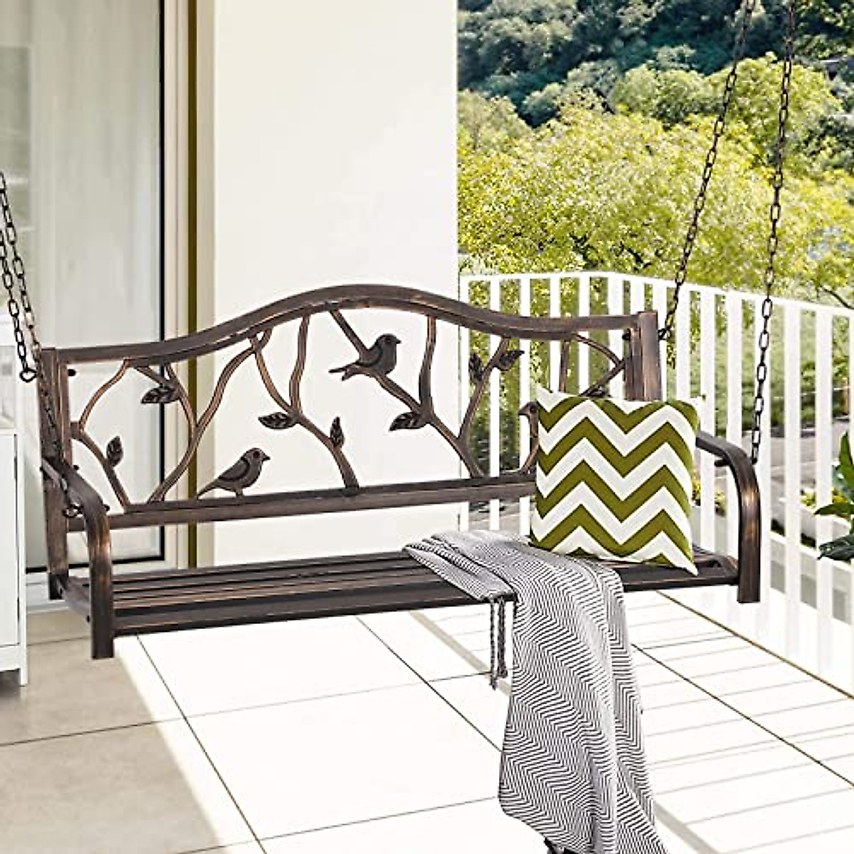 Sophia & William Outdoor Porch Swing Chair Hanging Patio Metal Bench Heavy Duty Swing Garden Bench with Bird Pattern Backrest, 450lbs Weight Capacity