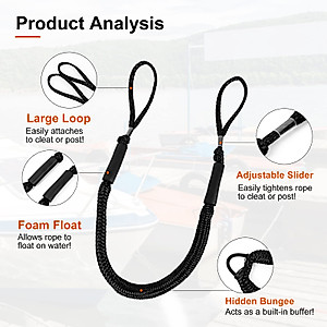 Bungee Dock Lines - Boat Accessories - 4 Feet Bungee Shock Cords Bungee Docking Rope Mooring Rope for Boat,PWC,Jet ski,Pontoon,Kayak,Canoe,Power Boat,Watercraft (4 Packs)