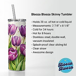 Purple Tulips Flowers Watercolor Skinny Tumbler 20oz with Straw Insulated Water Bottle Gift