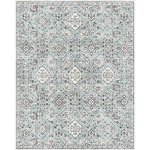 Mcadore 8x10 Area Rugs Washable Boho Rug, Non Slip Carpet for Living Room, Bedroom, Kitchen, Soft Low-Pile Rug, Turquoise Green/Floral