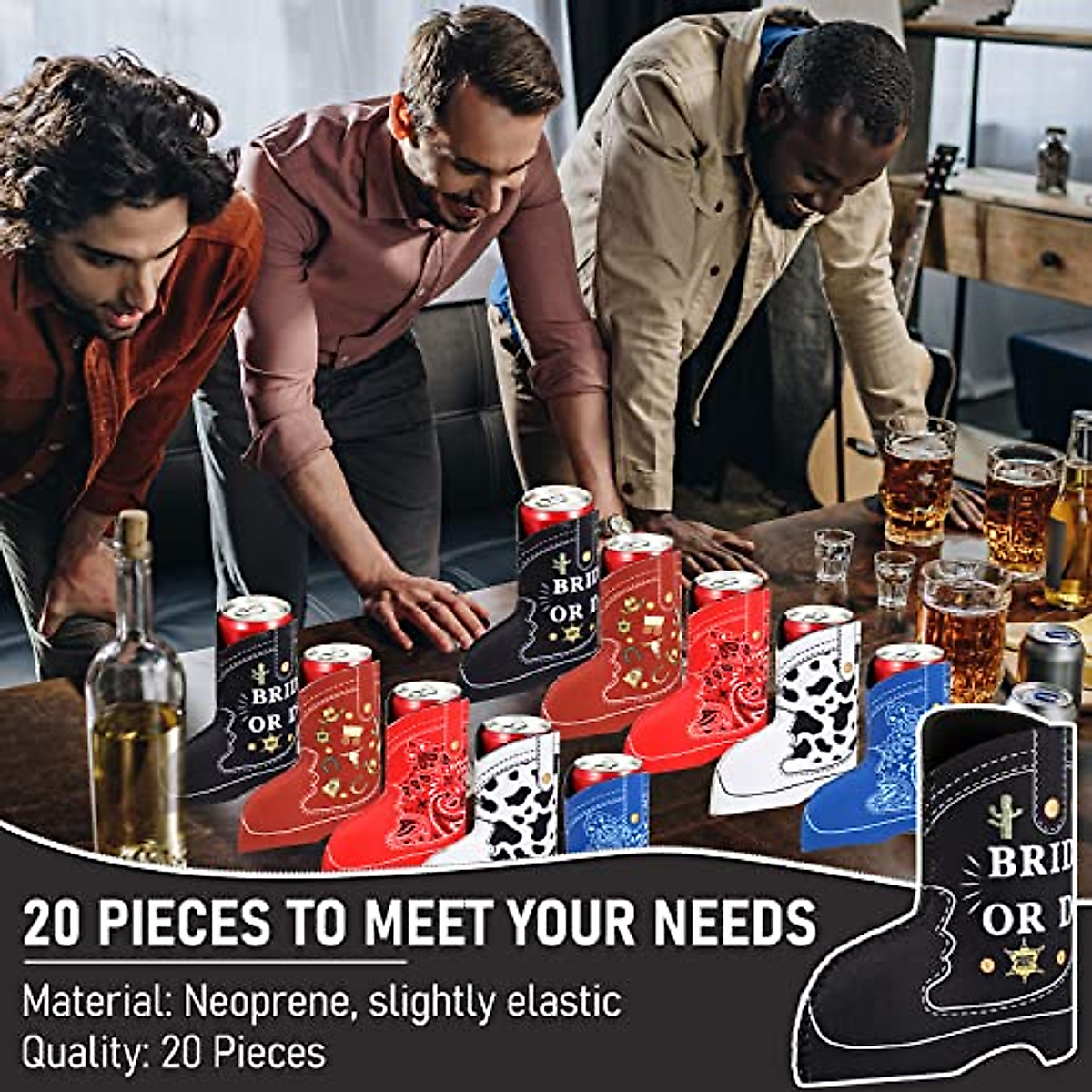 20 Pcs Cowboy Boot Skinny Can Sleeves Bachelorette Party Decorations Cowboy Slim Beverage Sleeves Party Shower Drink Holder Insulated Can Cover Neoprene Beer Bottle Sleeve for Cowboy Party Favors