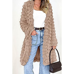 PRETTYGARDEN Women's Winter Faux Fur Jackets Fall Fashion Open Front Long Shaggy Coat Outerwear (Dark Khaki,Large)