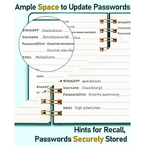 WEMATE Password Book with Alphabetical Tabs, Spiral Password Keeper Book for Seniors, Internet Password Notebook Password Journal Logbook Log in Detail, Small – 4.7''x 6'' (Teal)