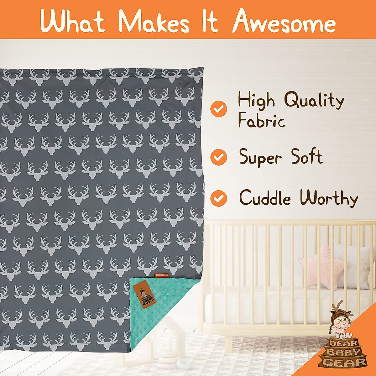 Dear Baby Gear Deluxe Double Layer Baby Blanket - Gender Neutral Infant Blankets for Girls & Boys - Nursery Quilt for Newborn - Cute Infant Crib Cover - Antlers Grey, Mint Blanket 40x30 Inches
