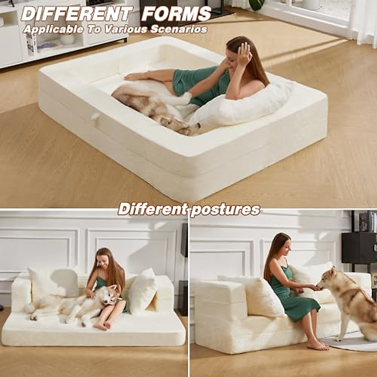 Cansunna Folding Bean Bag Chair for Adults,3-in-1 Bean Bag Couch Faux Fur Floor Sofa Large Beanbag Convertible Bean Bag Sofa Bed with Pillow,Bedroom,Living Room(Large,Milky White)