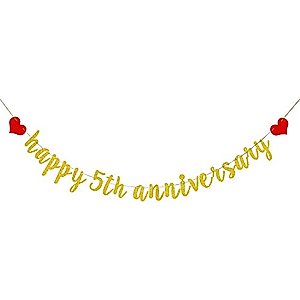 AonBon Gold Happy 5th Anniversary Banner, for 5th Anniversary Party Decoration, 5th Wedding Anniversary Party Decoration Photo Props