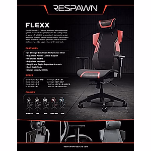 RESPAWN FLEXX Gaming Chair Mesh Ergonomic High Back PC Computer Desk Office Chair - Adjustable Lumbar Support, Seat-Slide, 115 Degree Syncro-Tilt Recline, 2D Armrests & Headrest, 300lb Max - Black