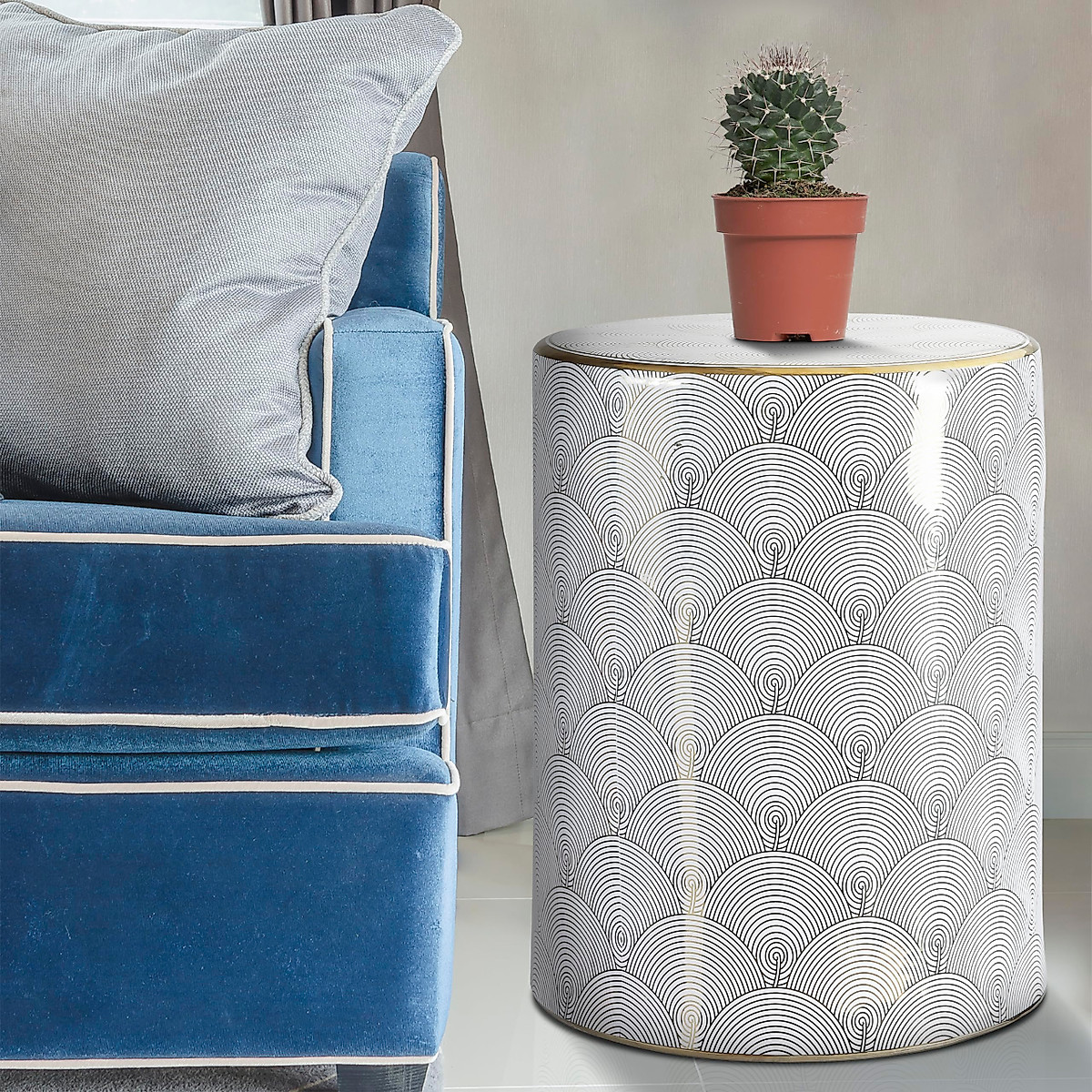 JONATHAN Y TBL1001A Fish Scale 17" Modern Ceramic Garden Stool, Coastal, Contemporary, Transitional, Side Table, Plant Stand, Spill-Proof, Living Room, Garden Room, Patio, White/Gold