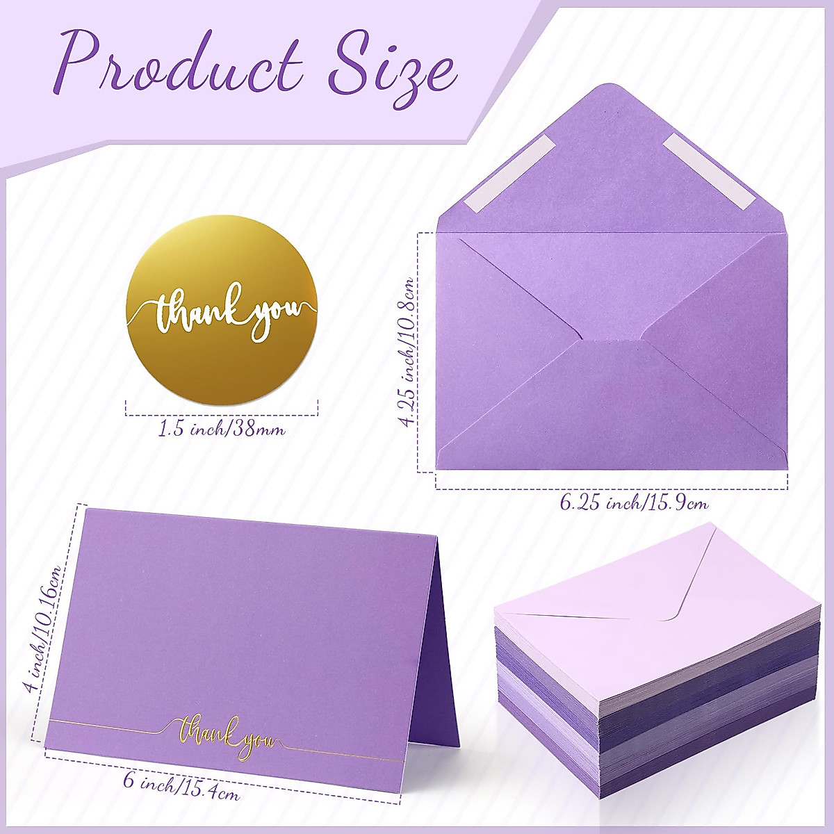 Colarr 120 Sets Thank You Greeting Cards with Envelope and Stickers 4 x 6 Blank Emboss Gold Foil Folded Pressed for Wedding Baby Shower Business Formal Occasion Cards (Dusty Purple)