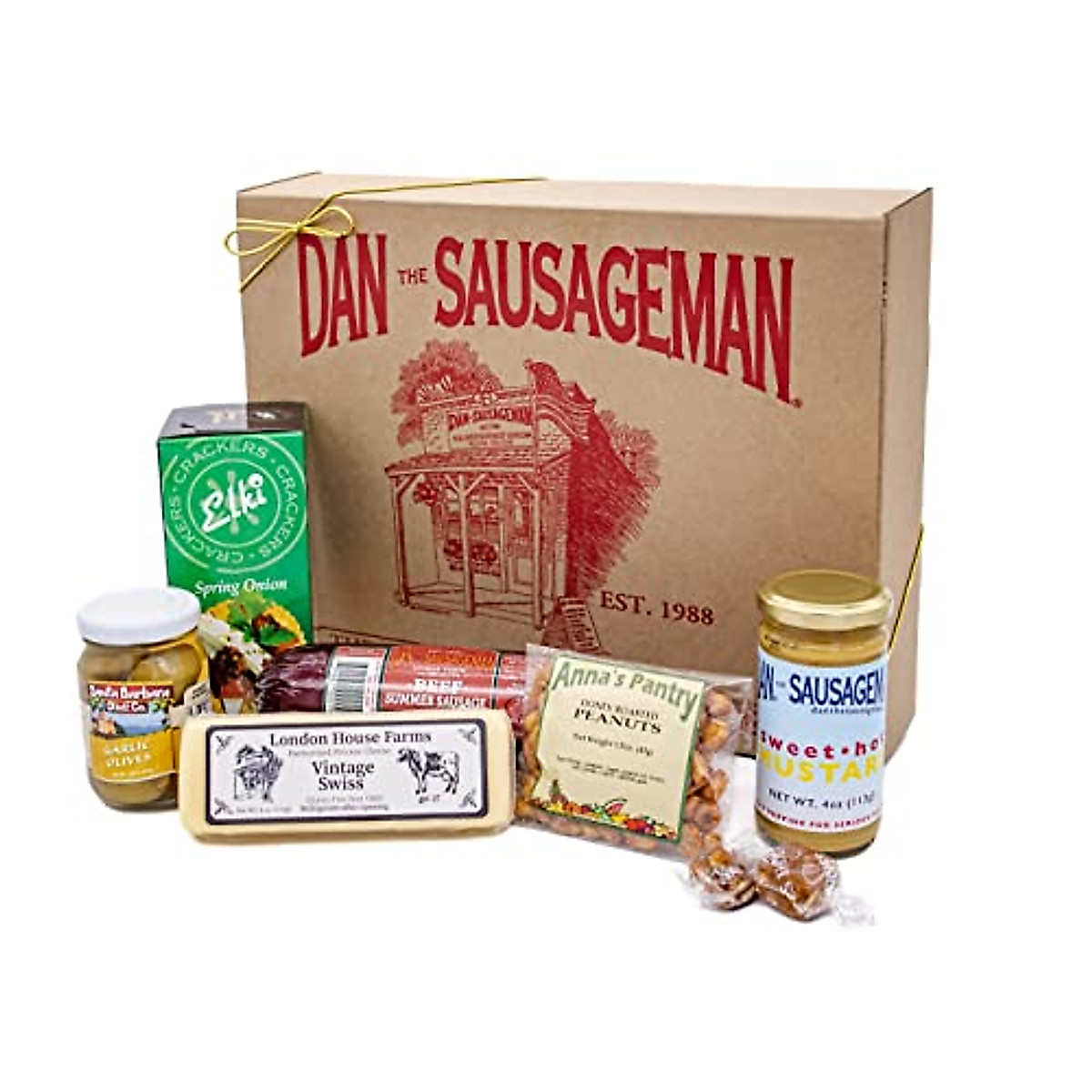 Dan the Sausageman’s Party Gift Basket Assortment Fresh Summer Sausage, Mustard and Cheese.