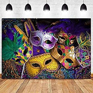 Masquerade Backdrops Purple Gold Glitter Beads Mask Carnival Photography Backdrop Fiesta Mardi Gras Dance Photo Background Birthday Party Photo Booths Props Decorations Supplies Vinyl 8x6ft