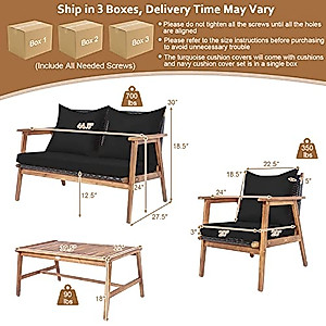 Tangkula 4-Piece Patio Furniture Set, Outdoor Acacia Wood Conversation Set with Cushions and Coffee Table, Turquoise & Black Cushion Cover Sets, Outdoor PE Wicker Sectional Sofa Set for Backyard