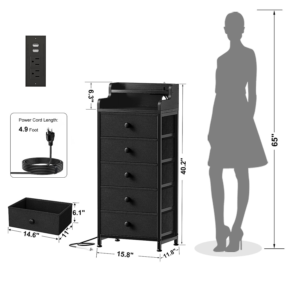 REAHOME Dresser for Bedroom with Charging Station and LED Lights, 5 Drawers Dresser Black Chest of Drawers with Shelves, Tall Night Stand with Sturdy Steel Frame & Wood Top for Bedroom - Black Grey