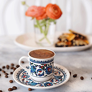 Turkish Coffee Cup Set - Turkish Coffee Cups Set of 6 with Saucers and Cup Holder for Home Office, Ceramic Keeps Coffee Warm, Dishwasher-safe, Create happy times with the patterned coffee mug set.