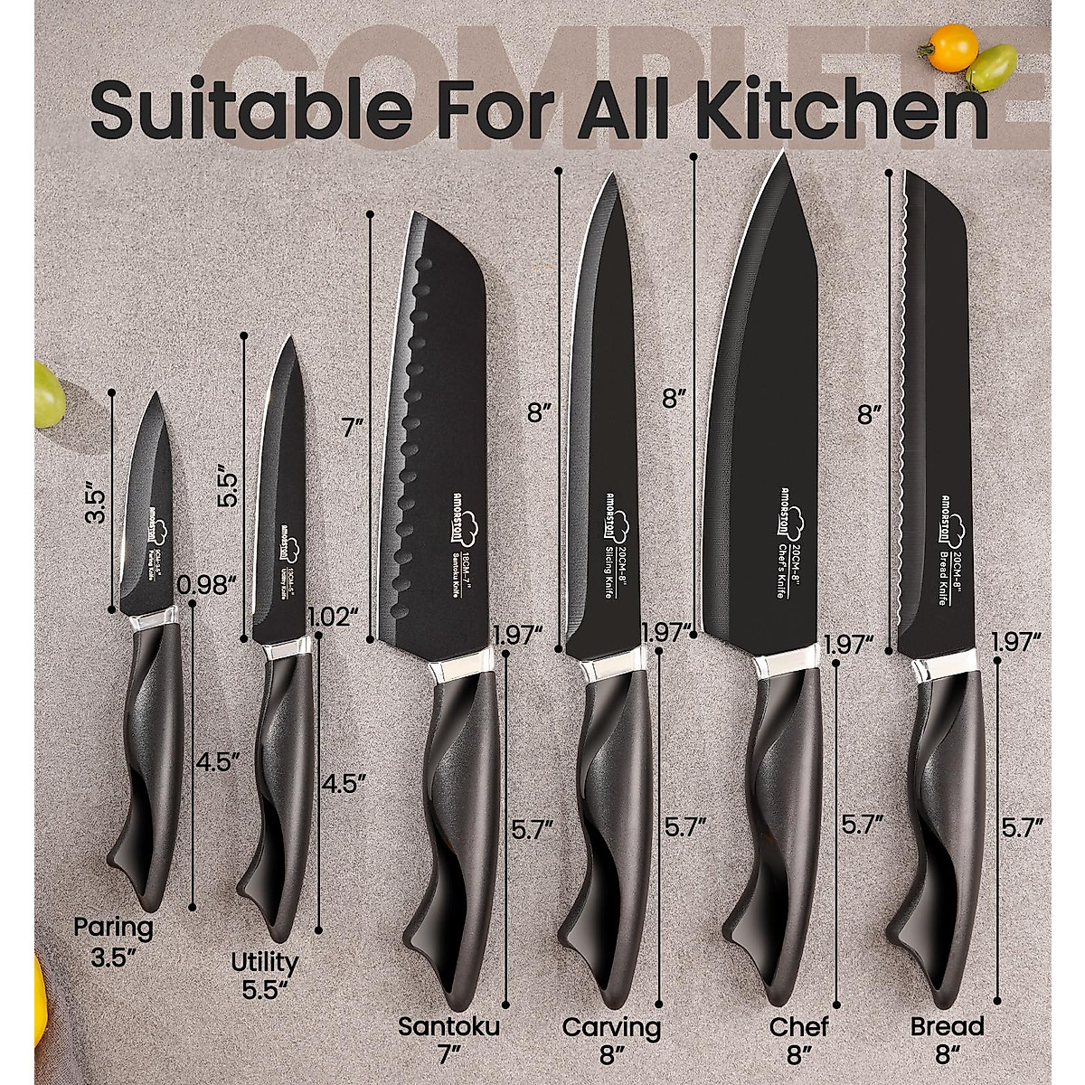 Knife Set, 15 Pieces Kitchen Knife Set with Built in Sharpener, German High Carbon Stainless Steel Knife Block Set, Dishwasher Safe, Black