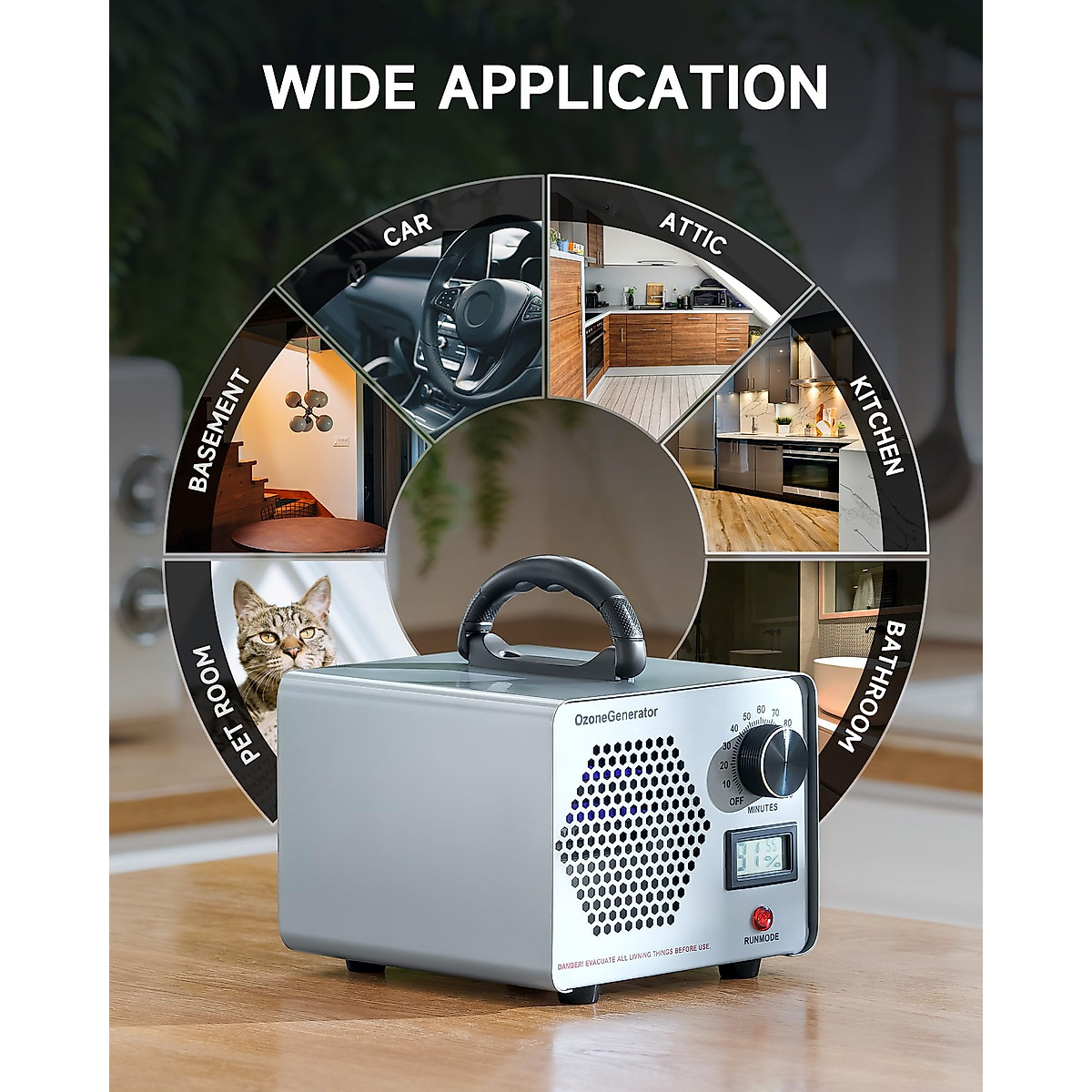 CREWORKS Ozone Generator, 15000 mg/h High Capacity Ozone Machine for Car Home Smoke Pet Odor Removal, Commercial Ozone Odor Eliminator Air Purifier with Timer Display for 3200 sq ft Room, Silver