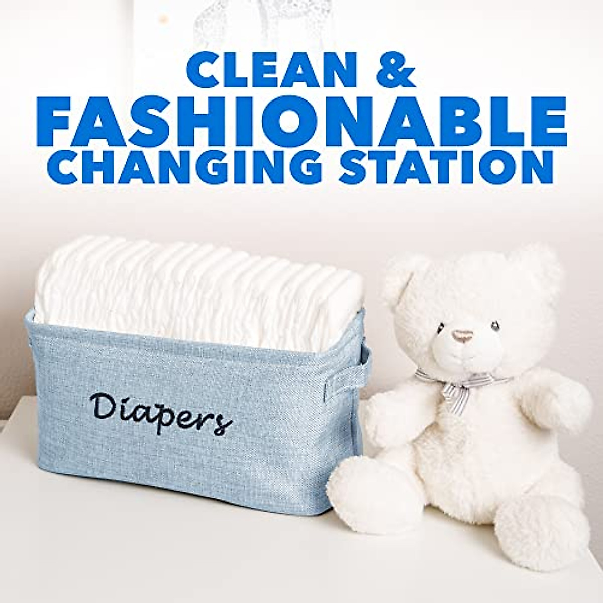 Dejaroo - Baskets for Organizing Diapers and Newborn Essentials, Baby Diaper Caddy Organizer, Embroidered Baby Shower Gifts for Moms, Linen Basket with Handle, 12 x 6 x 6 Inches, Blue