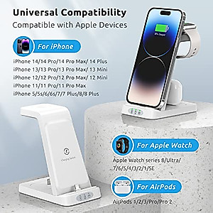 Bauhoo Charger Station for Apple Multiple Devices, 3 in 1 Fast Wireless Charging Dock Stand Watch 8 7 6 SE 5 4 2 iPhone 14 13 12 11 Pro X Max XS XR Plus 6s AirPods with Adapter, White (Z12)