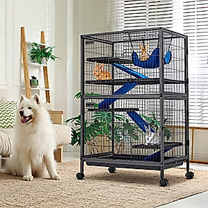 HABUTWAY 50''H Metal Small Animal Cages, Rolling Ferret Cage with Removable Ramps, Lagre Critter Nation Cage for Chinchillas/Guinea Pigs/Rabbit, Rat Cages with Hammock & 5 Tiers, Black