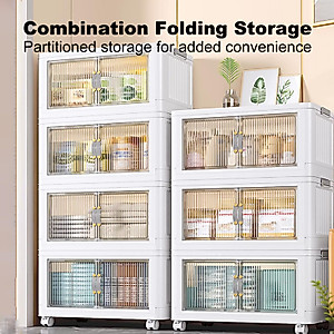 MOPUP 264 QT Stackable Storage Bins with Lids and Doors and Wheels - 4 Pack 16 GAL Plastic Storage Bins,White Closet Organizers and Storage,Dual Open Doors Collapsible Storage Bins for Home and Office