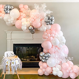 Pink Winter Wonderland Balloon Garland Arch Kit Pink White Metallic Silver With Large Snowflake Balloon for Christmas Princess Girl A Little Snowflake is on The Way Baby Shower Birthday Party Decor