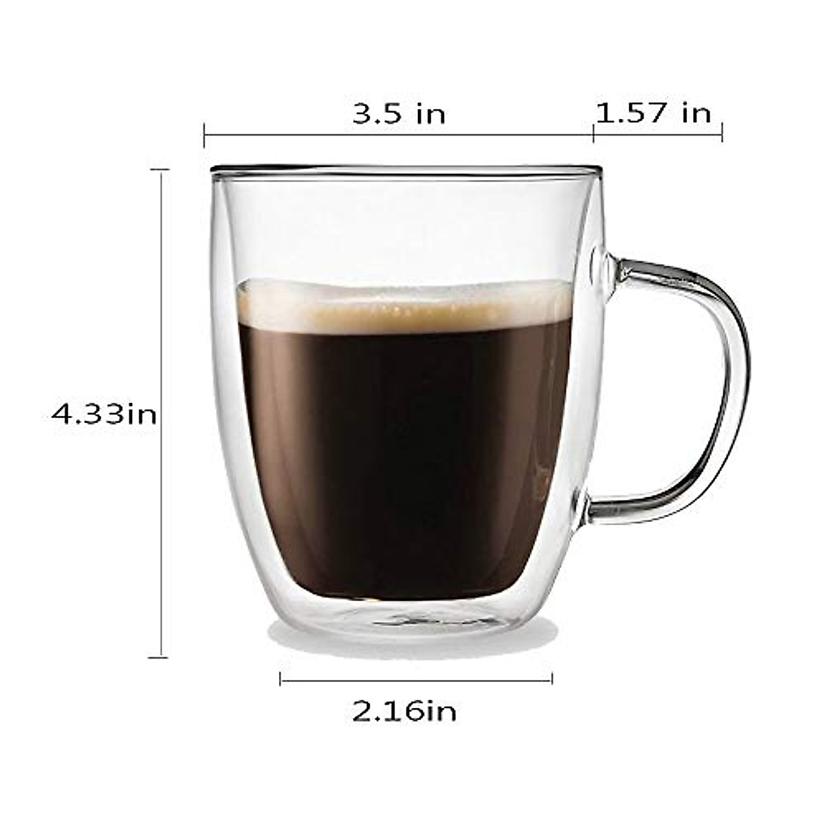 FIXTADE Clear Coffee Mugs Set of 2 - Double Wall Cups with Handle - Glass Tea Mugs Each 12 Ounces（ 350ml）