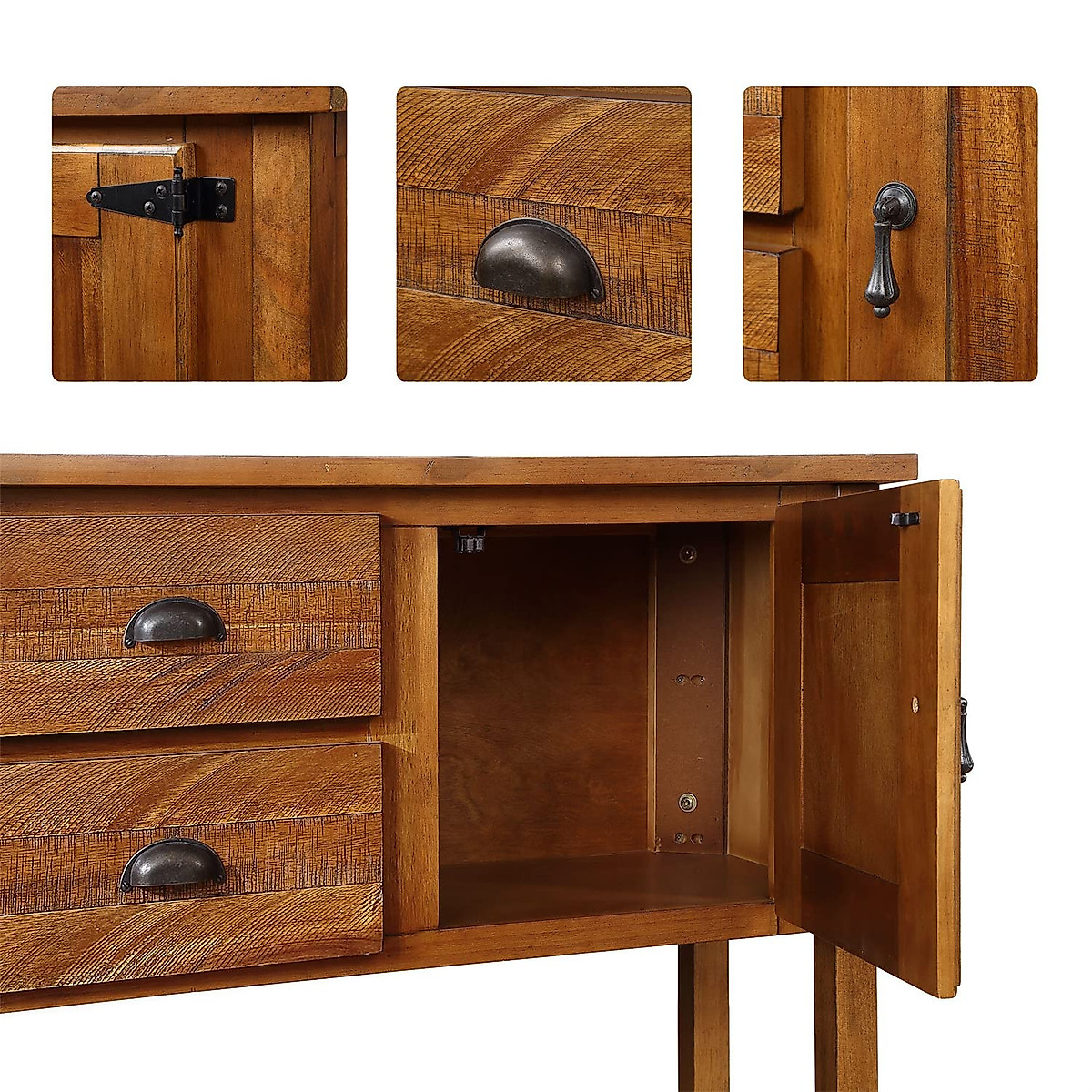 YWUFUART 48" Solid Wood Buffet Sideboard,Farmhouse Console Table with Bottom Shelf,Retro-Style Storage Cabinet for Entryway,Living Room,Dining Room,Kitchen,Brown