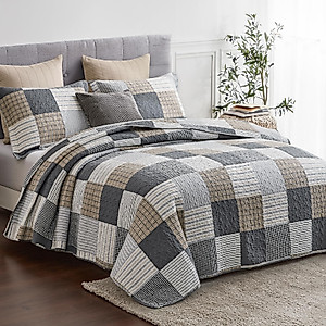 Y-PLWOMEN Quilt Set King Size, 100% Cotton Quilt Bedding Set, Patchwork Plaid Quilted Bedspread, Lightweight Reversible King Comforter Set for All Season, Grey/Brown/White/Black, 3-Pieces