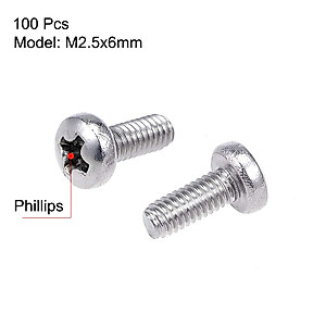 uxcell M2.5x6mm Machine Screws Pan Phillips Cross Head Screw 304 Stainless Steel Fasteners Bolts 100Pcs