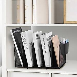 Ekisemio 2 Pack-Mesh Desktop File Organizer Sorter, 5-Section Bookshelf with Pen Holder for Desk Office, Black